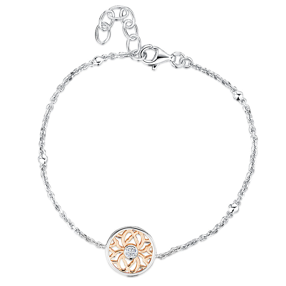 Sterling Silver Rose Gold Chain Round Patterned Charm Bracelet